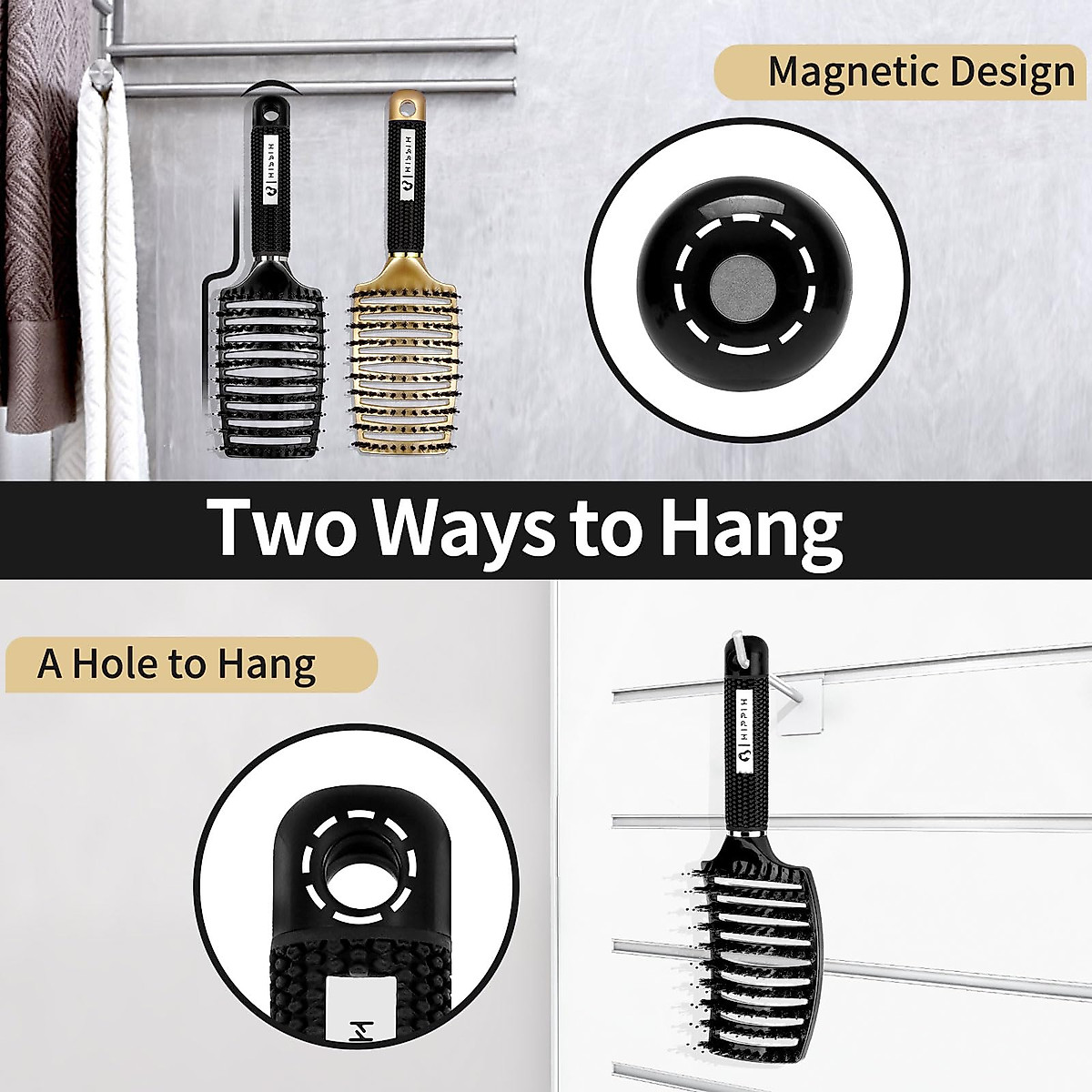 Boar Hair Brushes 2 Pack, Suitable for Men, Women & Kids’ Long Curly Wet or Dry Hair, HIPPIH Hairbrush for Thick Hair Can Adds Shine and Makes Hair Smooth