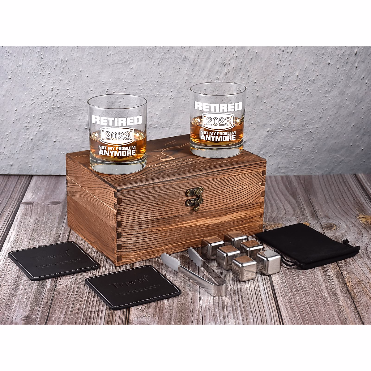 2023 Retirement Gifts for Men, Funny Retired 2023 Not My Problem Any More Whiskey Glass Wooden Gift Boxed Set, Happy Retirement Gifts for Boss, Office Coworkers, Dad, Husband, Brother, Friends