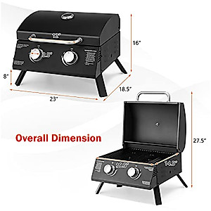 COSTWAY Portable Gas Grill, 20,000 BTU Tabletop Barbecue Grill with 2 Burners, Dual Temperature Control, Folding Legs, Built-in Thermometer, Propane Gas Grill for RV Backyard BBQ Camping Patio, Black