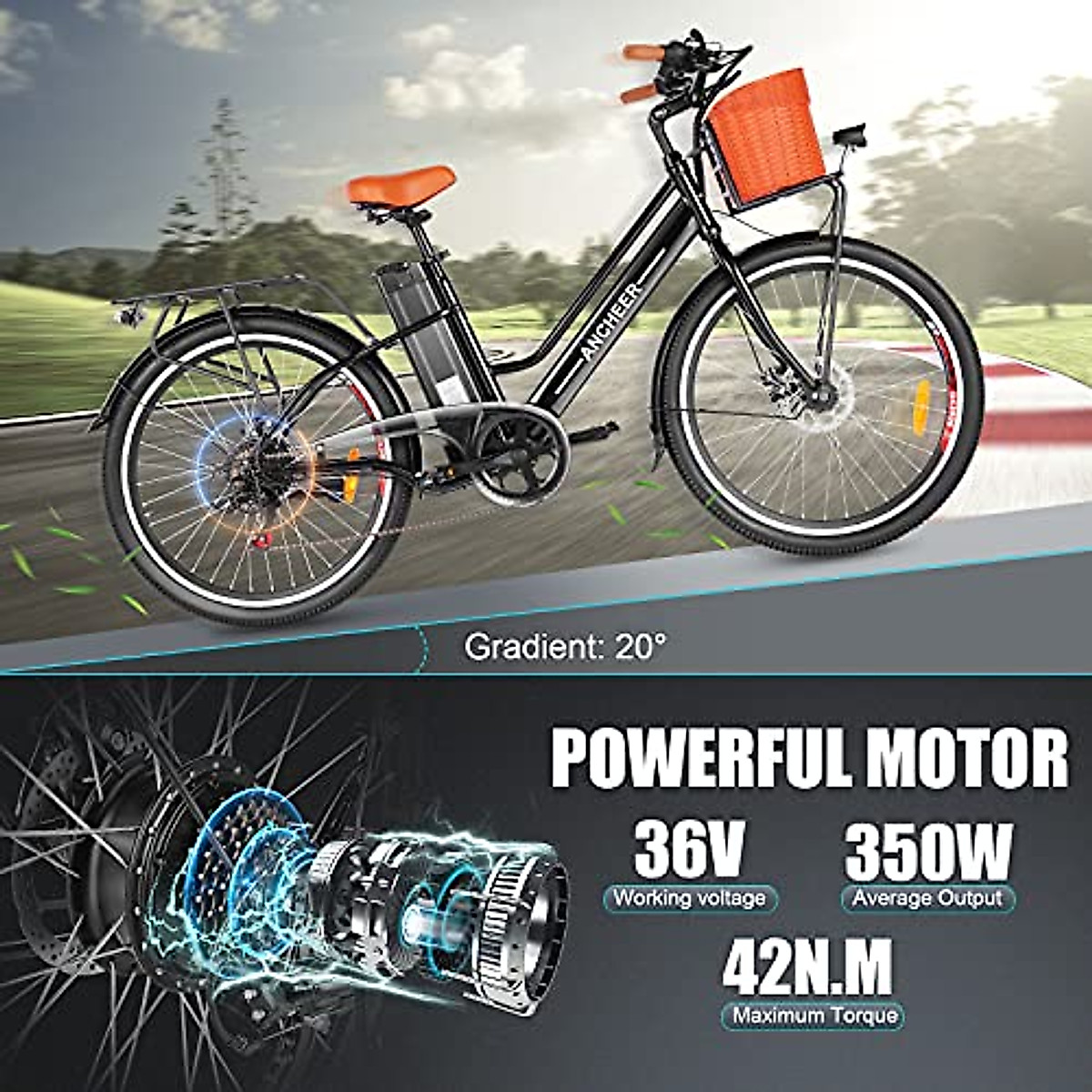 ANCHEER Electric Bicycle, 26'' Electric City Bike, Low Frame Electric Bike with 36V/13 Ah Lithium Battery and 350W Powerful Motor, Step Through Commuter Ebike with Basket for Woman Man