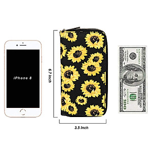 HAWEE Cellphone Wallet for Women Dual Zipper Long Purse with Removable Wristlet, Sunflower