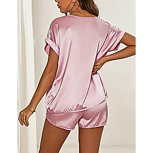 Ekouaer Women's Pajama Sets Casual Satin Pj Set 2 Piece Sleepwear Short Sleeve Silk Pajama(Navy Blue,Large)