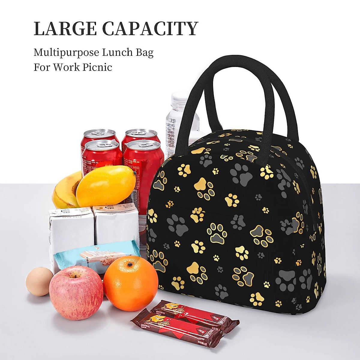 Niuyoif Gold Dog Paw Print Lunch Box Reusable Insulated Waterproof Lunch Bag Cooler Tote Box With Pocket Zipper Closure For Women Men Work/Travel/Picnic
