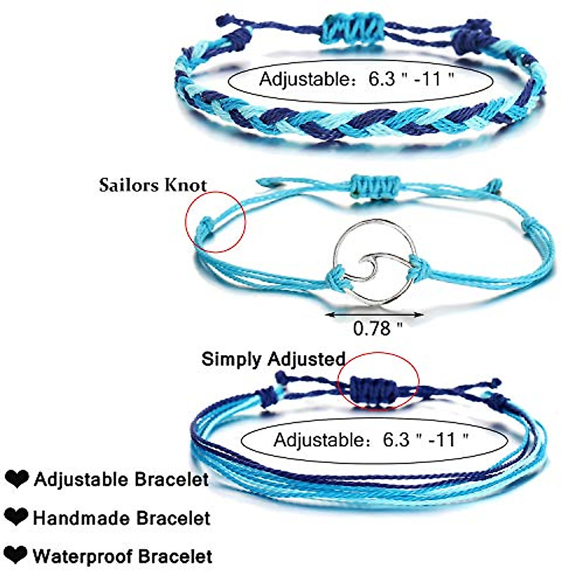 YANCHUN Aesthetic Bracelets for Teen Girls Surfer Waterproof Bracelets Anklets for Women Men (A:Blue &Black&Mountain Set)
