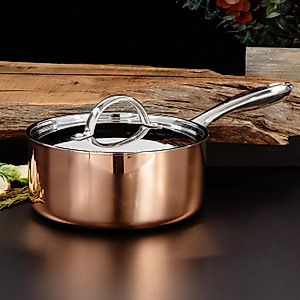 BergHOFF Vintage Tri-Ply Copper 8in Saucepan 3qt. With Matching Lid, Polished, Long Ergonomic Shaped Handle, 3-layer Base, Gold