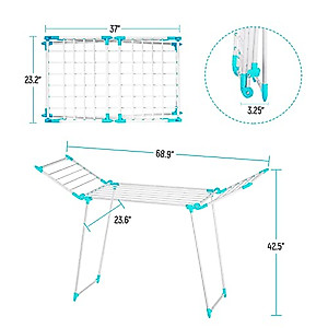 YUBELLES Clothes Drying Rack, Gullwing Laundry Rack, Collapsible, Space-Saving Laundry Rack, with Bonus Sock Clips, for Clothes, Towels, Linens, Indoor/Outdoor, Cyan