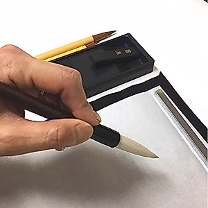 Japanese calligraphy set 9 parts | Shodo calligraphy pen (three brushes) and paper, inkstone and ink stick, non slip underlay, Paperweight, with clear case (Dark Blue edge/Clear case)