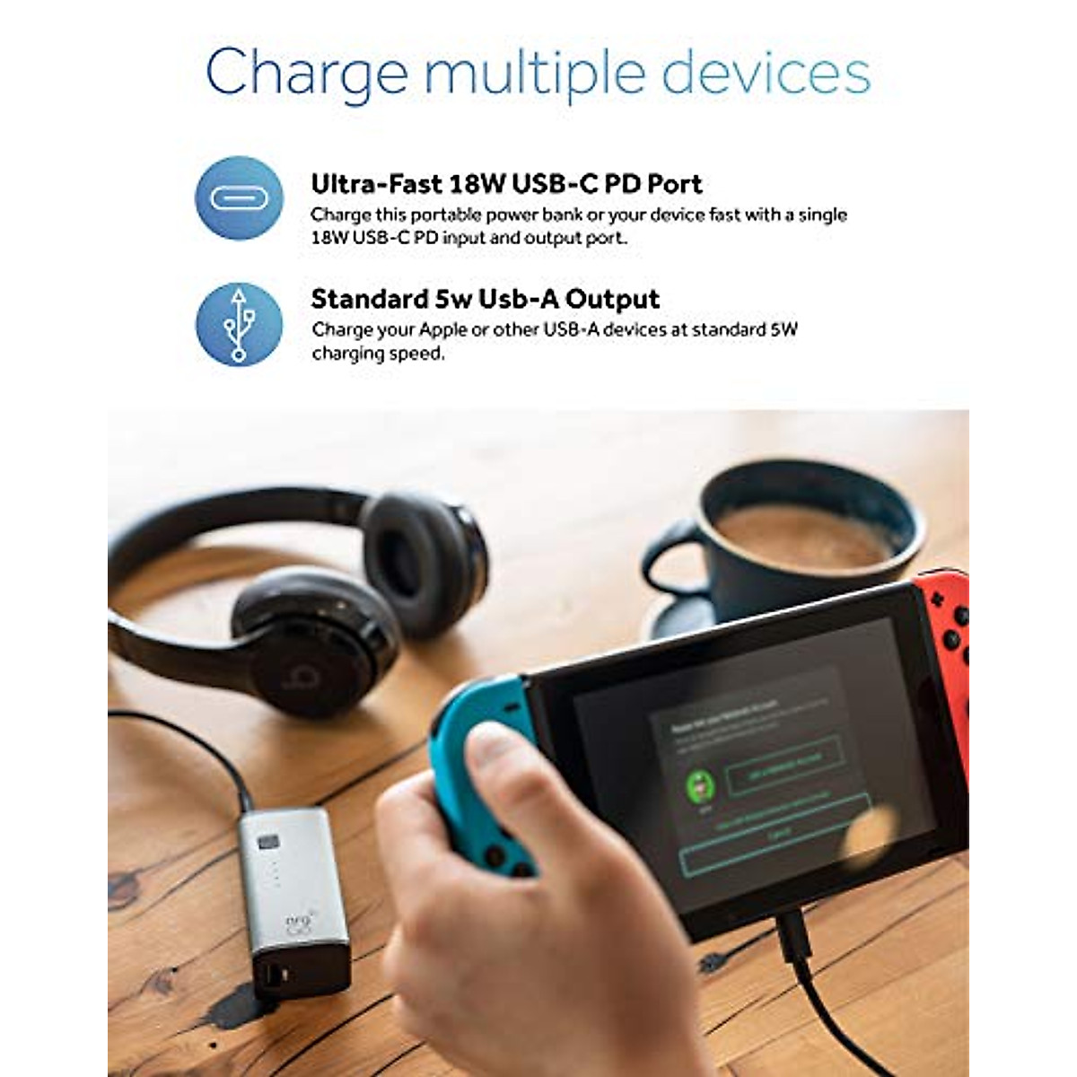 nrgGo Powerbank 5000 mAh Portable Charger, Mini Power Bank USB C, 18W PD Battery Pack 5000mAh, Battery Phone Charger for iPhone, Samsung and More