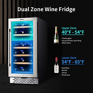 15 Inch Wine Cooler Under Counter, 28 Bottle Dual Zone Wine Fridge, Stainless Steel Built-in/Freestanding Wine Refrigerator, Double-Layer Tempered Glass Door with Lock, Fit Red & White Wine