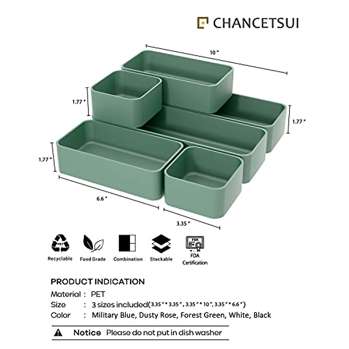 CHANCETSUI 6-Piece Stackable Drawer Organizer Set, Rectangle Trays, Narrow Makeup Vanity Storage Bins and Bathroom Office Desk Drawer Dividers, Green