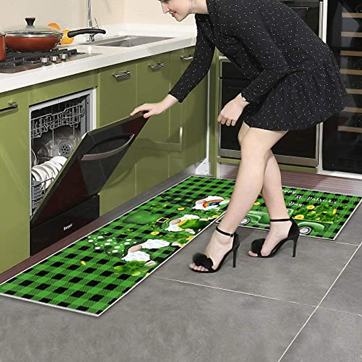 St. Patrick's Day Kitchen Mats Set of 2, Irish Gnomes Floor Mat Home Seasonal Spring Doormat Holiday Party Low-Profile Kitchen Rugs Runner 15.7" x 23.6"+15.7" x 47.2" (Green Truck)