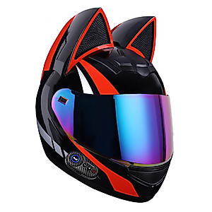Modular Bluetooth Motocross Couple Helmet Personalized Cool Cat Ear Flip up Electric Motorcycle Full Face Helmets with Visor, DOT Certified Adult Men Women Racing Crash ATV Street Helmet -F-Large