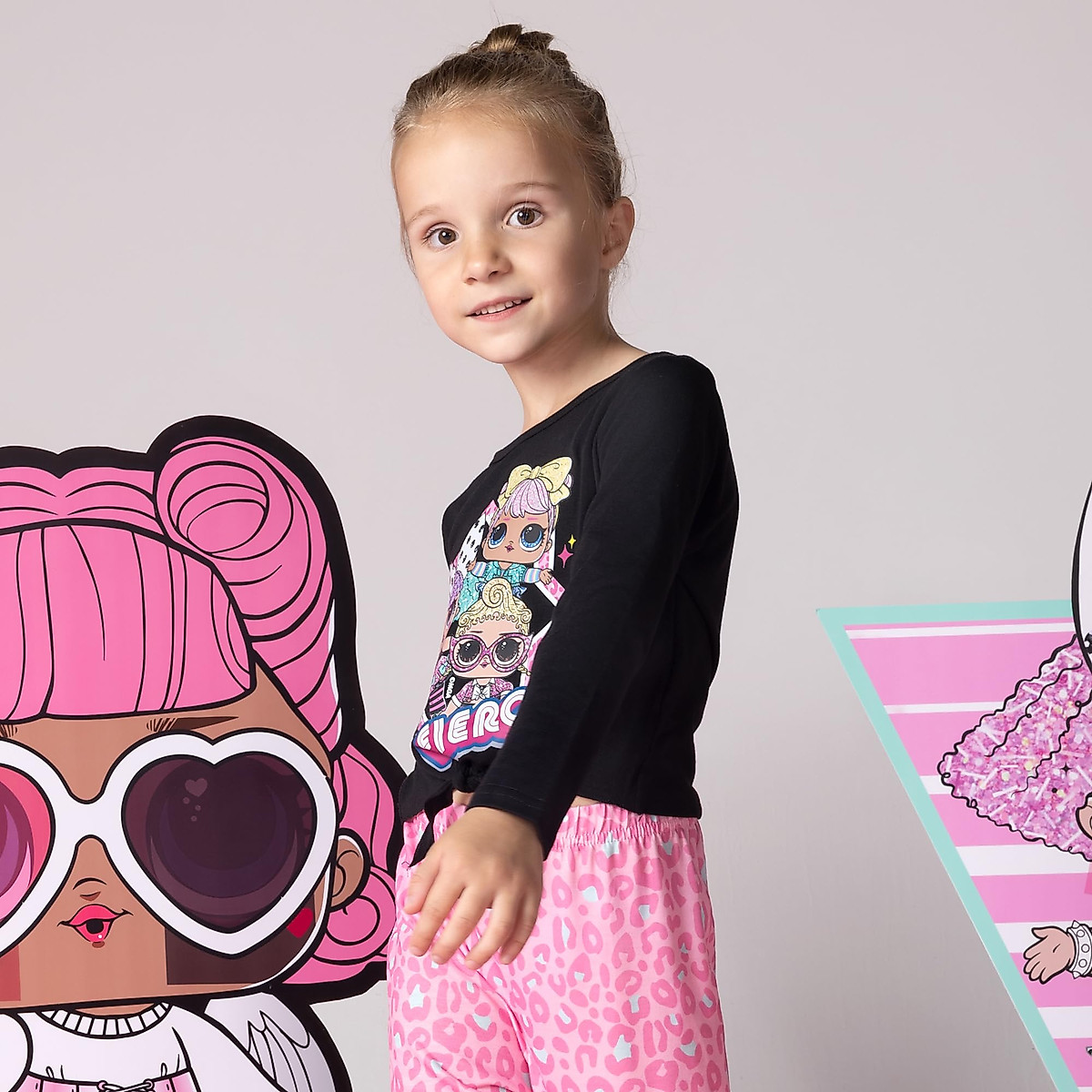 L.O.L. Surprise! Girls 2 Piece Outfits Tie Knot Long Sleeve Tee Top and Heart Pink Bell Bottom Flared Pants Set Black 8-9 Years