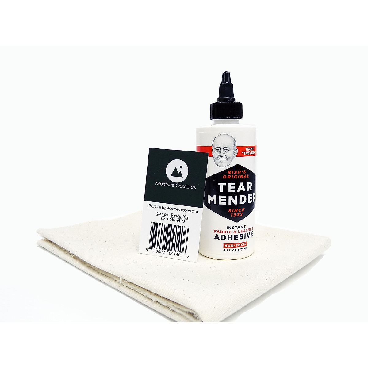 Montana Outdoors Canvas Repair Kit with Over 3.5 Square Feet of Heavy-Duty Canvas & 6 Ounces of Tear Mender Fabric Glue to Repair Tents, Awnings, Pop-Up Campers, Canvas Bags, Covers