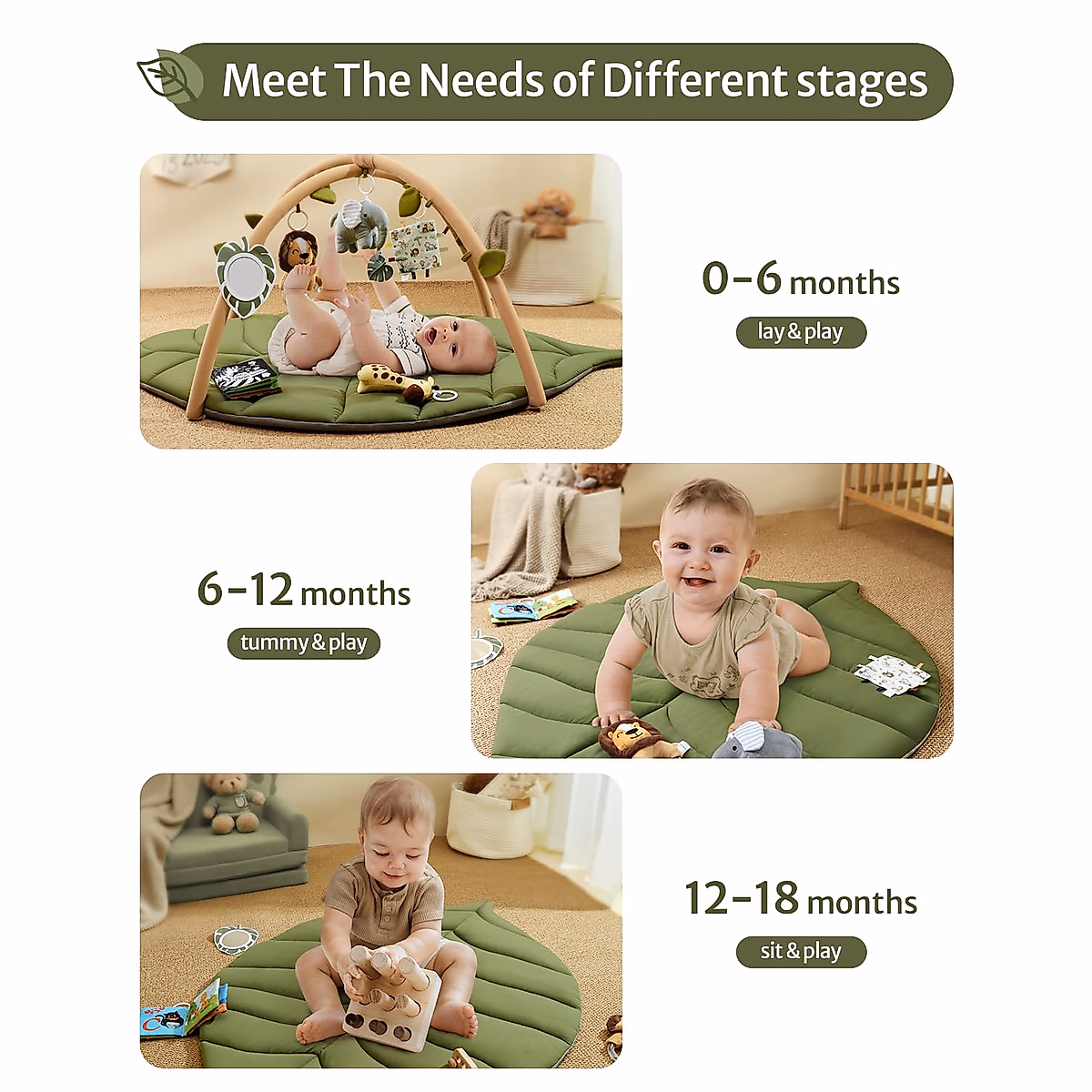 Blissful Diary Baby Play Gym & Activity Mat, Oversize Leaf Shaped Baby Play Mat w 6 Detachable Toys, Tummy Time Mat Promote Motor Skills & Sensory Development Mat, Newborn Infant Baby Essentials Gift