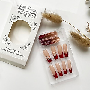 LLAOIMB French Square False Nails, 24pcs Red Acrylic Press on Nails with Star Designs, Full Cover Glossy Glue on Nails for Women