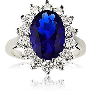Sterling Silver Large Oval Created Blue Sapphire and Clear Cubic Zirconia Statement Bridal Engagement Princess Diana/Kate Middleton Ring (Size 9)