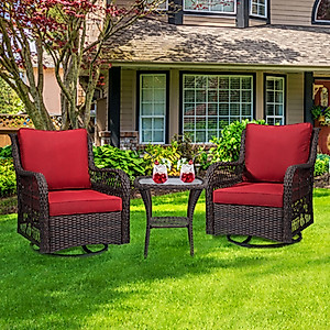 OMTech Rocking Chair, Outdoor Wicker Rotation Rocking Chair with Cushion, Outdoor Rocking Chair Set of 3, with End Table, Indoor Outdoor Patio Yard Bistro Furniture, Red