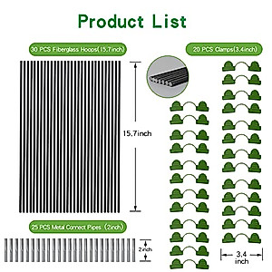 Greenhouse Hoops Grow Tunnel 30 Pcs 16 Inch Up to 6 Sets of 7ft Long Plastic-Coated Rust-Proof Fiberglass Garden Hoops for Raised Beds with 25 Pcs Metal Connect Pipes and 20 Clamps
