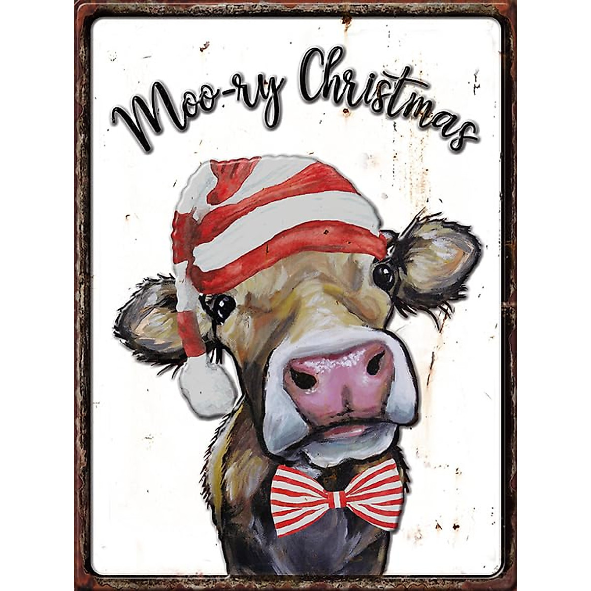 Christmas Cow Tin Sign - Merry Christmas Cow Farmhouse Metal Sign - Christmas Cow Wall Decor - Embossed Metal Cow Art - Christmas Cow Decor