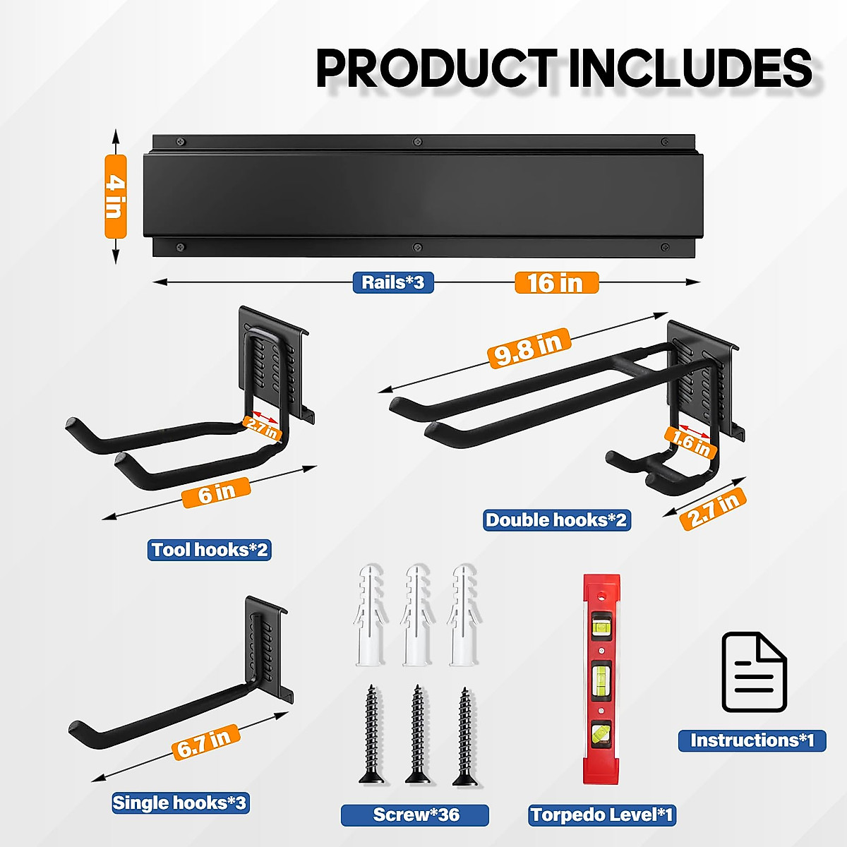 VONLX 48inch Garage Storage Organization Garage with Torpedo Level Mounted Garden Tool Organizer Wall Mount Adjustable Garage Organizers with 7 Heavy Duty Hooks Tool Holder for Hanging Max Load 440lbs