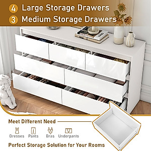 White Malm Dresser for Bedroom, 55 Inch Long Dresser High Gloss Dresser with 7 Drawers, Modern Large Wood Chest of Drawer Handle Free, Dresser for Kids Bedroom, Living Room, Entryway, Hallway, White