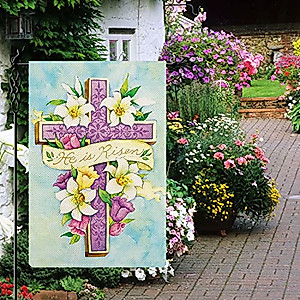 Kenomi He is Risen Garden Flag Purple Cross with Lily Garden Flag Neligion Vertical Double Sided Rustic Farmland Burlap Yard Lawn Outdoor Decor 12.5x18