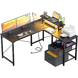 Homieasy L Shaped Computer Desk with Storage File Drawer, Reversible Home Office Desk with Recessed Power Strip and Led Strip, Corner Gaming Desk Work Study Table with Monitor Stand, Black