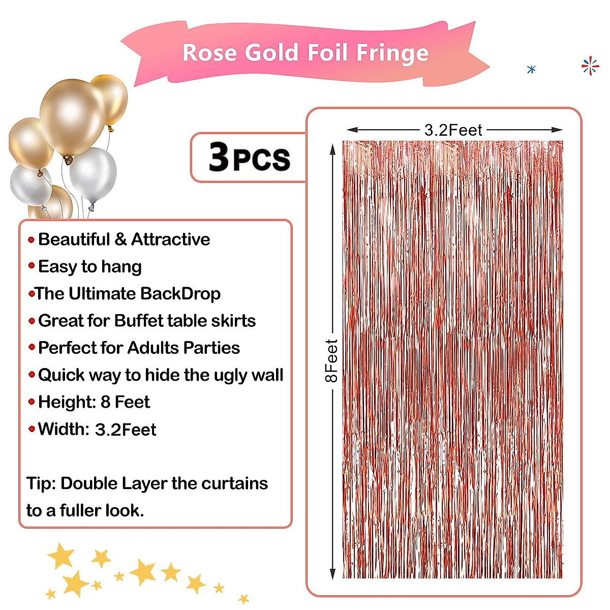 Mtkocpk 3-Pack 3.2x8 Feet Rose Gold Foil Fringe Backdrop Curtains Party Decorations - Perfect for Parties, Baby Showers, Gender Reveals, and Disco Fun, Party Backdrops Decor
