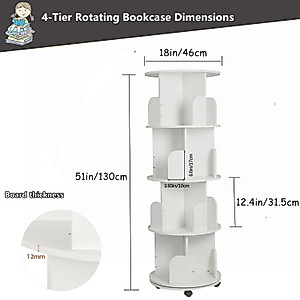 usego 4 Tier Rotating Bookshelf with Wheel Wood 360° Floor Standing Bookcase Display Storage Rack Multi-Functional Bookshelf Organizer for Home Office Living Room Study