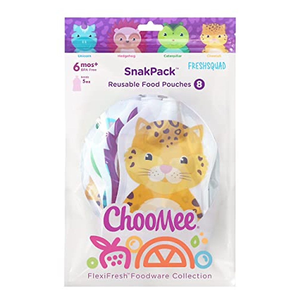 ChooMee Reusable Baby Food Storage Pouches, 5 oz | Ideal for Baby Food, Smoothies and Purees | Secure Double Lock Zipper, Wide Bottom, BPA Free | SnakPack FreshSquad 8 CT