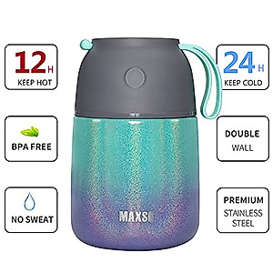MAXSO Soup Thermos for Hot Food, 17 oz Stainless Steel Vacuum Insulated Lunch Container Bento Box with Spoon for Adults, Leakproof Thermal Food Jar for Office Picnic Travel - Rainbow