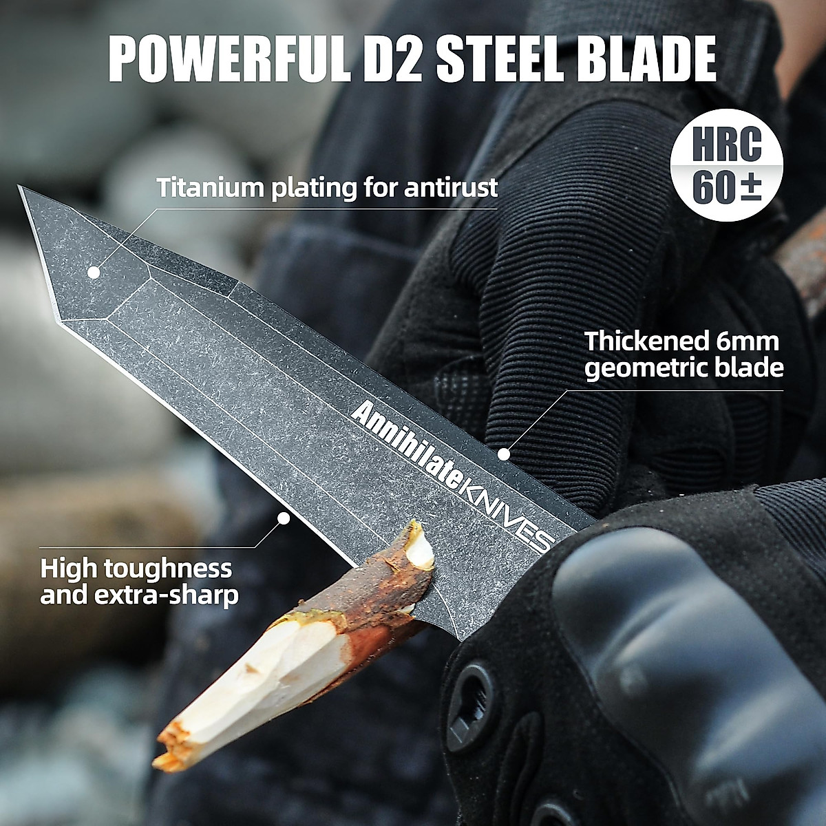 ZUNE LOTOO Tactical Survival Knife Fixed Blade Knife with Sheath D2 Steel G10 Handle Outdoor Tactical Knives for Men Camping Hiking Hunting Knife