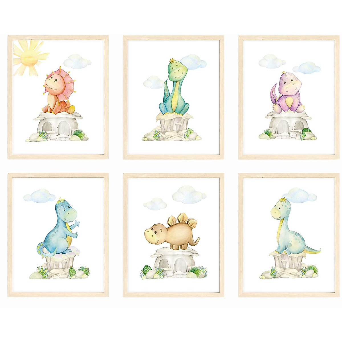 bumbleboo Dinosaur Nursery Wall Prints, Play Room Decoration For Boy, Nursery Wall Art, Nursery Room Decor, Dinosaur Room Decor For Boys, Unframed, Set of 6 Prints, 8x10