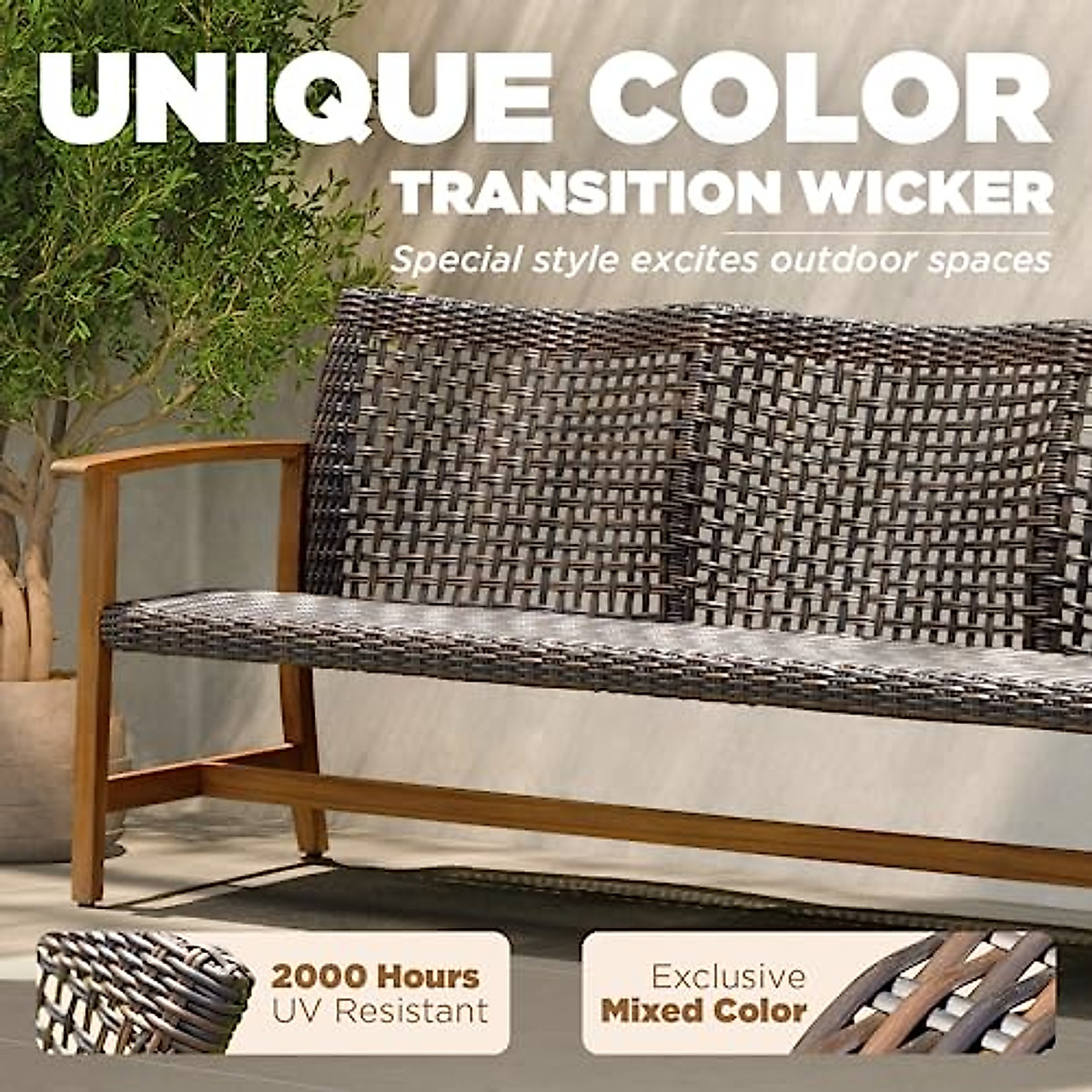 IDZO 1000lbs Capacity, FSC Certified 3 Seater Patio Couch with Upgraded 2000Hours UV Resistant Wicker, Teak Finish Furniture Set, Trinite Acacia Outdoor Sofa_Brown