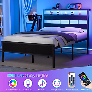 Furnulem Full Size Bed Frame with LED Light and Charging Station, Storage Headboard with 2-Tier Shelves, Metal Platform Bed with Heavy Duty Slats Support, No Box Spring Needed, Black Oak