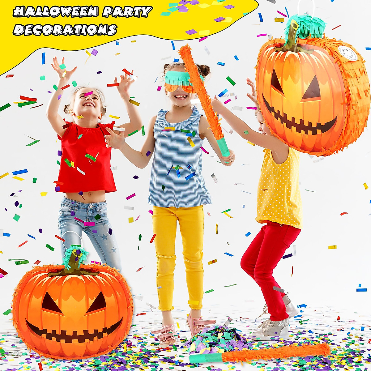 Halloween Pumpkin Pinata with Pinata Stick Confetti Blindfold Halloween Hanging Pinata for Halloween Birthday Party Supplies Photo Prop