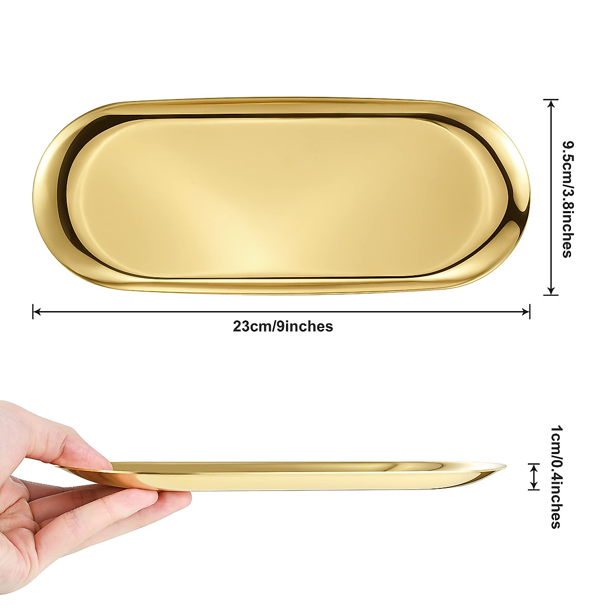 2 Pack Gold Oval Vanity Tray, Stainless Steel Jewelry Tray, Bathroom Tray, Makeup Cosmetic Trays,Towel Napkin Tray,Storage Organizer, 9 x 3.8 inches (LxW),Medium