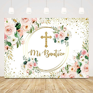 Sensfun Mi Bautizo Backdrop Gold Bless Spanish Baptism Girl First Holy Communion Party Decorations Pink Floral Gold Glitter Background Christening Newborn Photo Studio Booth Props 7x5ft