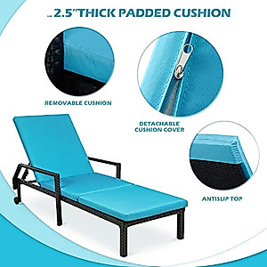 YODOLLA Outdoor Rattan Chaise Lounge Chair with Adjustable Backrest, Wicker Reclining Lounge Chair w/Removable Cushion and Wheels for Beach, Patio, Garden, Porch, Poolside, Backyard, Balcony, Blue