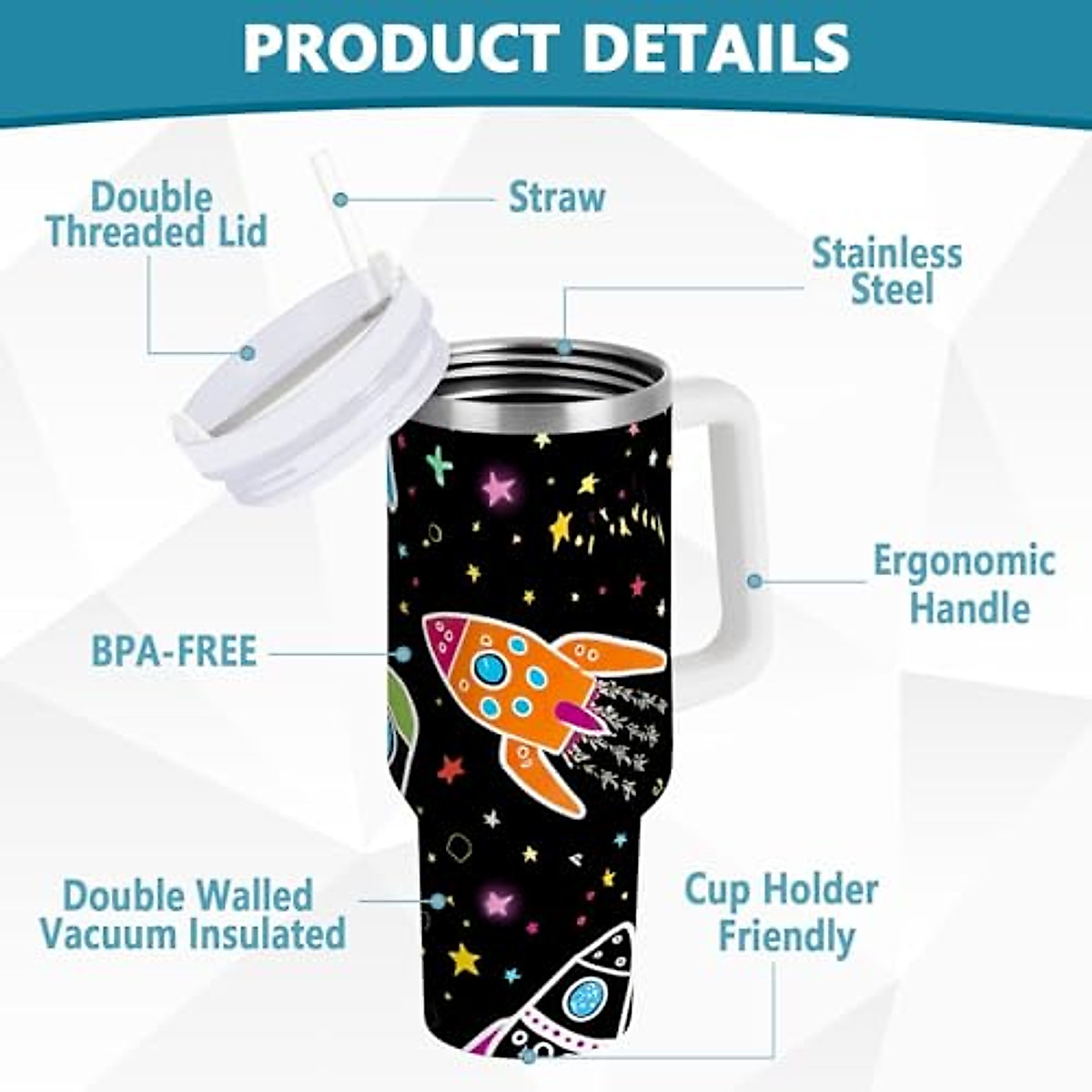 ODAWA 40oz Leak Proof Tumbler, Colorful Spaceships Stars Stainless Steel Vacuum Insulated Tumbler with Handle and Straw