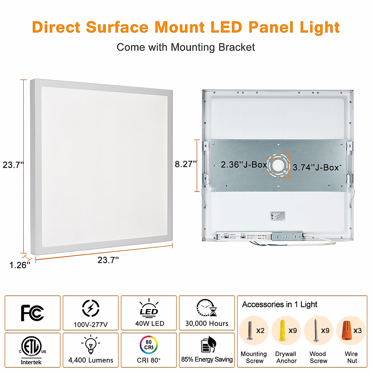 Mcacggo 2x2 LED Flat Panel Light Surface Mount, 40W-30W-20W & 3000K-4000K-5000K Selectable, 0-10V Dimmable, 24 Inch Square Flush Mount Ceiling Fixture for Kitchen, Shop, 100-277V, ETL, 2 Pack