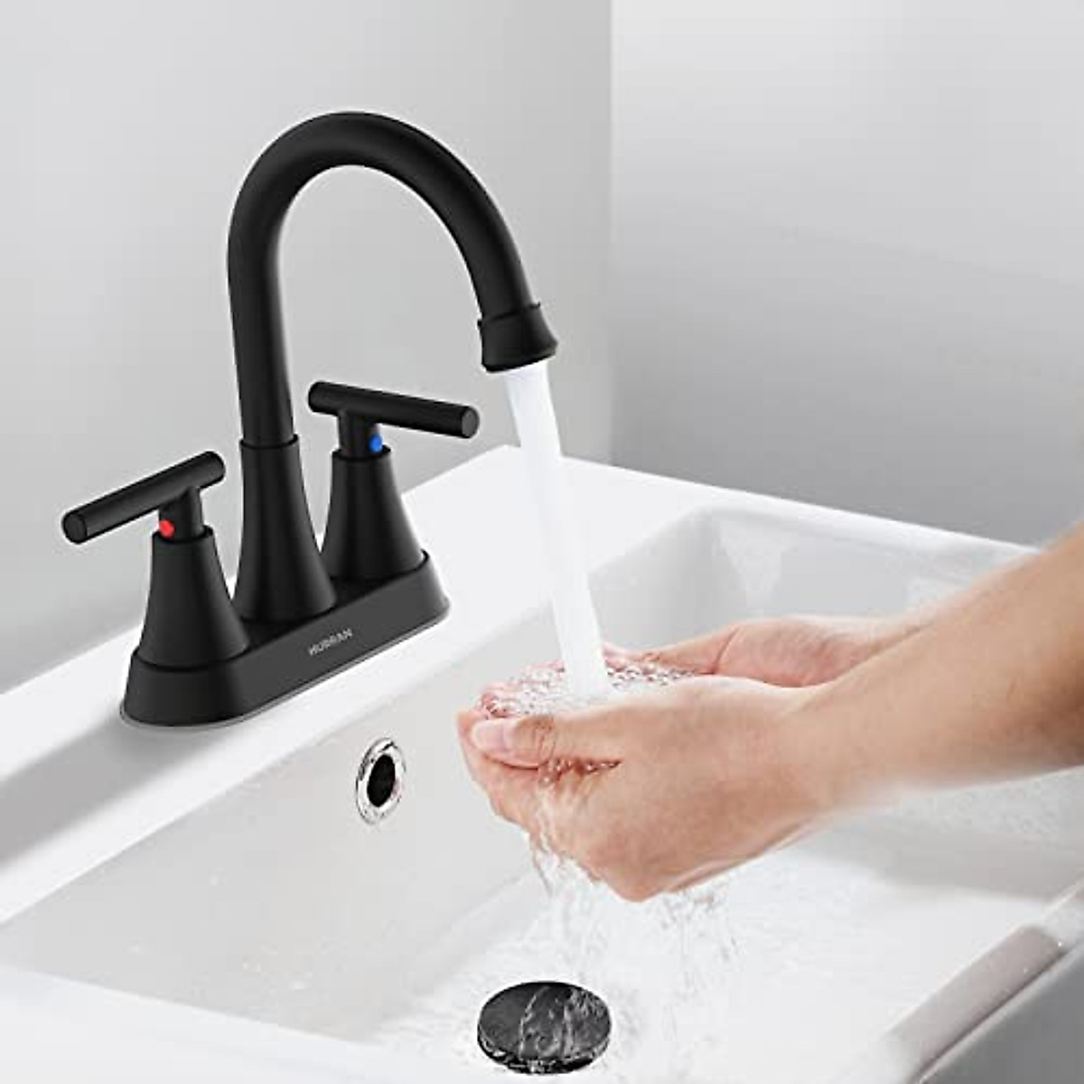 Bathroom Faucets for Sink 3 Hole, Hurran 4 inch Matte Black Bathroom Sink Faucet with Pop-up Drain and 2 Supply Hoses, Stainless Steel Lead-Free 2-Handle Centerset Faucet for Bathroom Sink Vanity RV