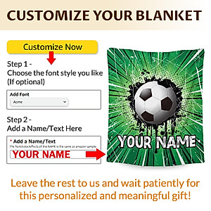 FLEXIMX Personalized Soccer Blanket Gifts for Boys Girls Soccer Team, Sports Throw Blanket for Soccer Lovers Kids Adults Teens, 50x60 Inches Green Flannel Blankets Stuff for Couch Sofa Bed
