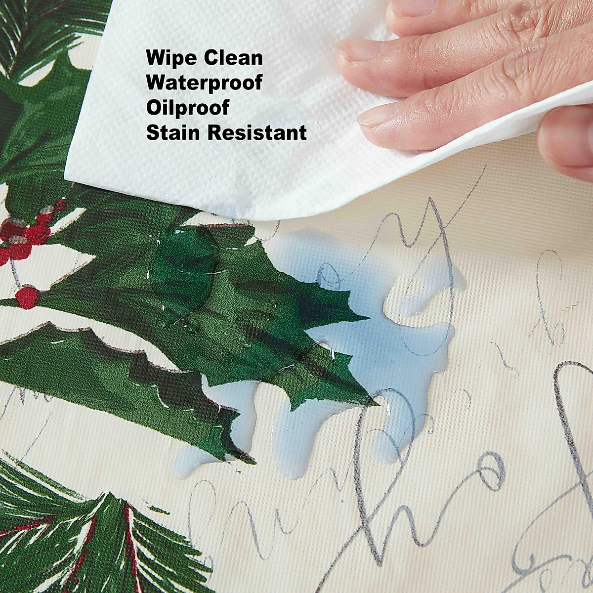 Newbridge Joyful Holly Country Rustic Vinyl Christmas Tablecloth with Flannel Backing, Holly and Berries Winter Holiday Vinyl Flannel Back Tablecloth, 70 Inch Round