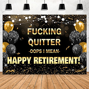Aperturee 5x3ft Happy Retirement Backdrop Black and Gold Glitter Balloons Fucking Quitter OOPS I Means Photography Background Women Man Retirement Party Thank You Decor Photo Banner Booth Props…