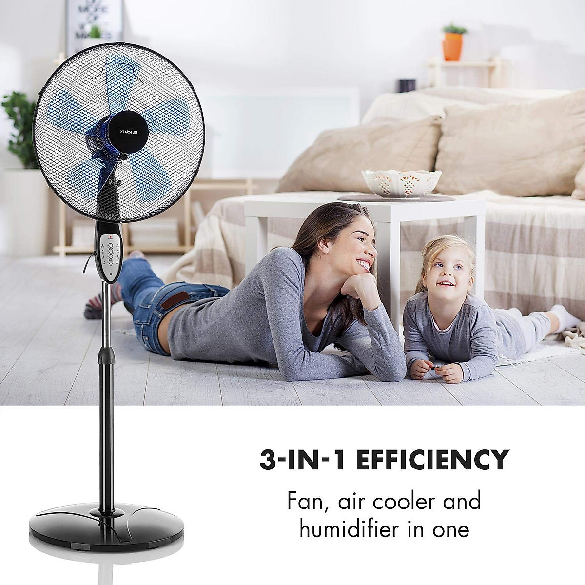 Klarstein Summerjam - Pedestal Fan, Stand Fan, Rotor Diameter: 16 inches, 50 Watts, 3 Speeds, Oscillation: 80 °, Timer, Remote Control, Height Adjustable, Color: Black