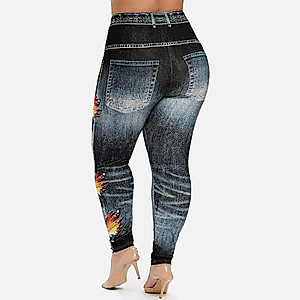 MAYW Stretchy Comfy Seamless Skinny Denim Print Fake Jeans,Women's Denim Print Fake Jeans Seamless Full Length Leggings,Casual High Waist Flower Printed that Look Like Jeans for Women,black,XX-Large