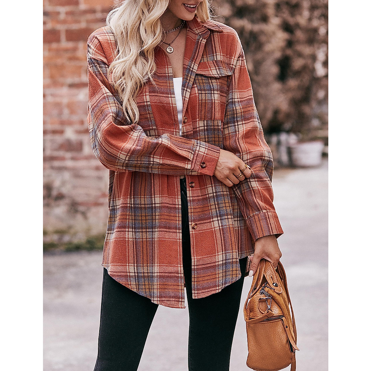 Oulivey Women Plaid Flannel Shirts Long Sleeve Oversized Button Down Boyfriend Blouse Tops (0066-Brown-XL)