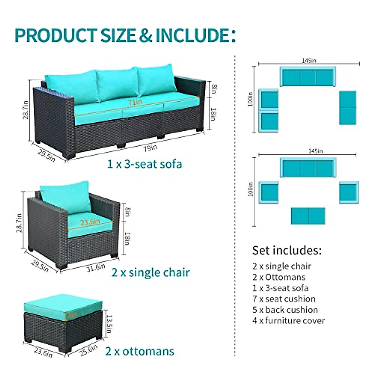 Outdoor Wicker Furniture Couch Set 5 Pieces, Patio Furniture Sectional Sofa with Turquoise Cushions and Furniture Covers, Black Rattan